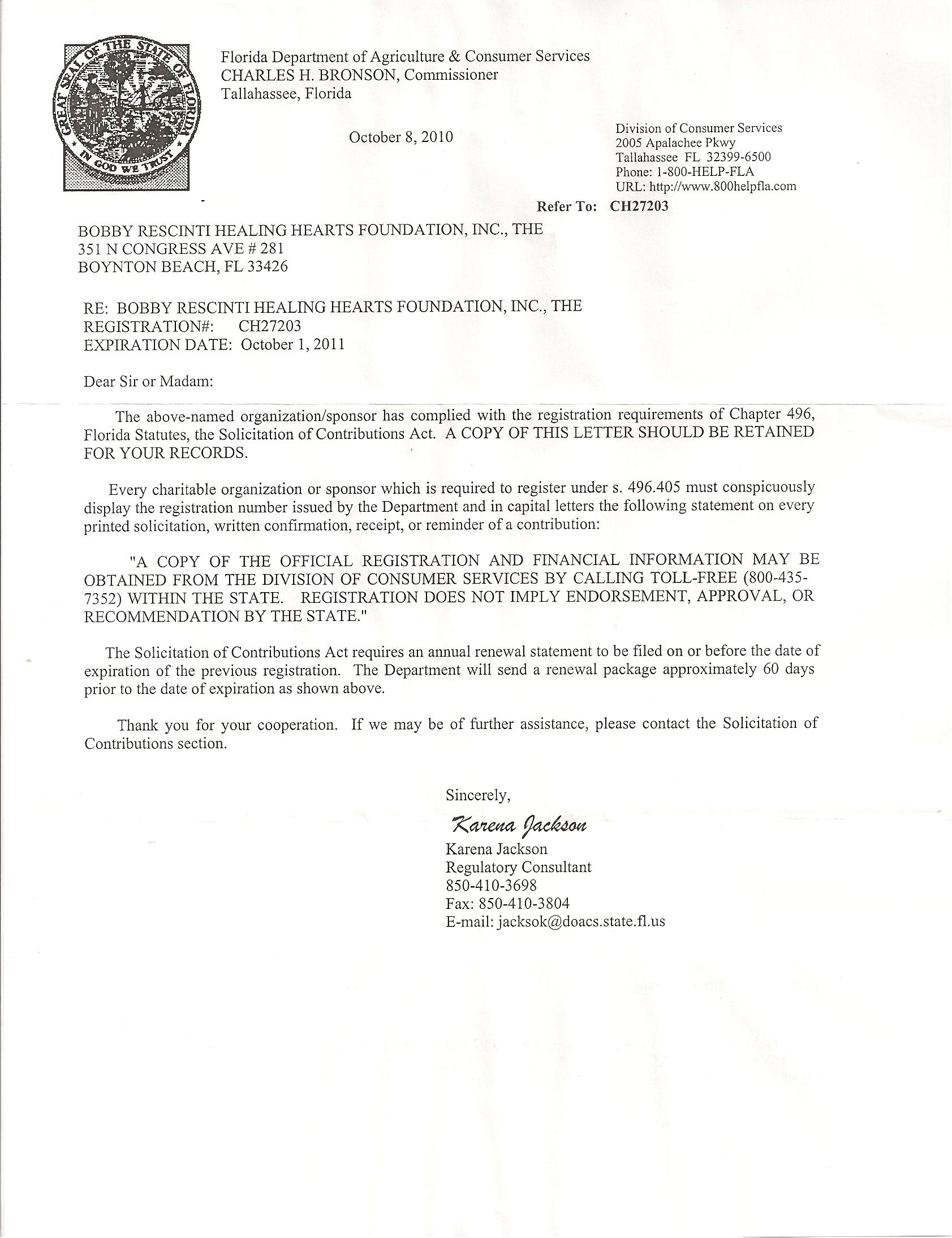 Solicitation – Dept of Ag & Consumer Services – The Bobby Resciniti ...